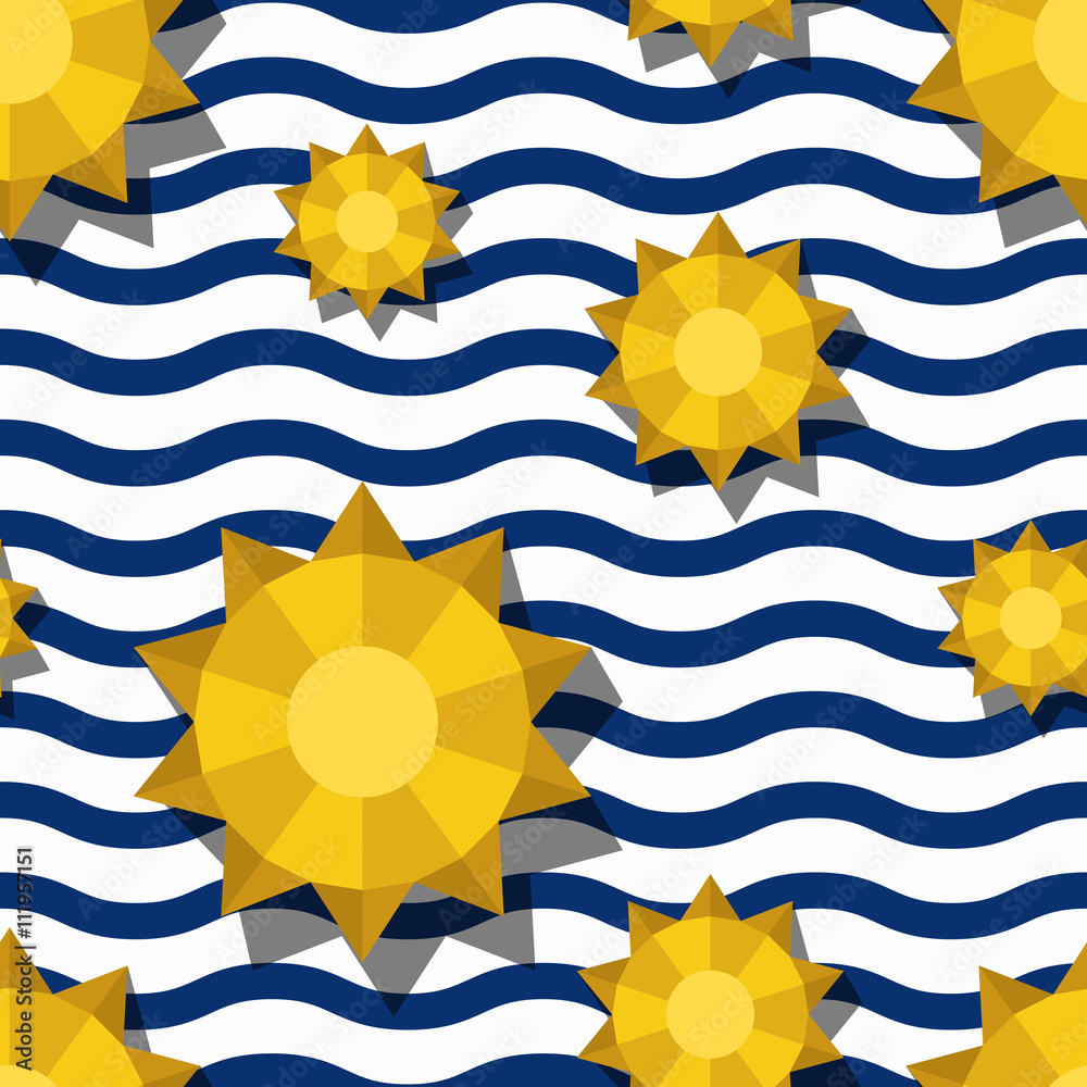 Vector seamless pattern with 3d stylized yellow sun and blue wavy ...
