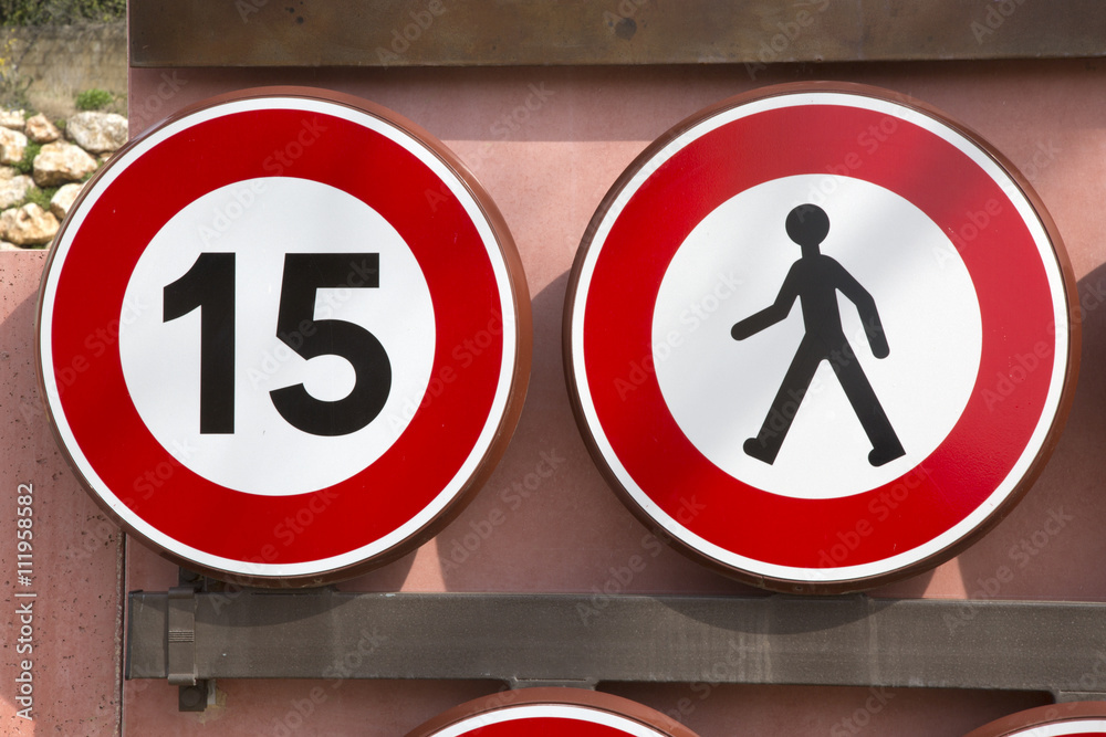 Fifteen Speed Limit and Pedestrian Warning Sign Stock Photo | Adobe Stock