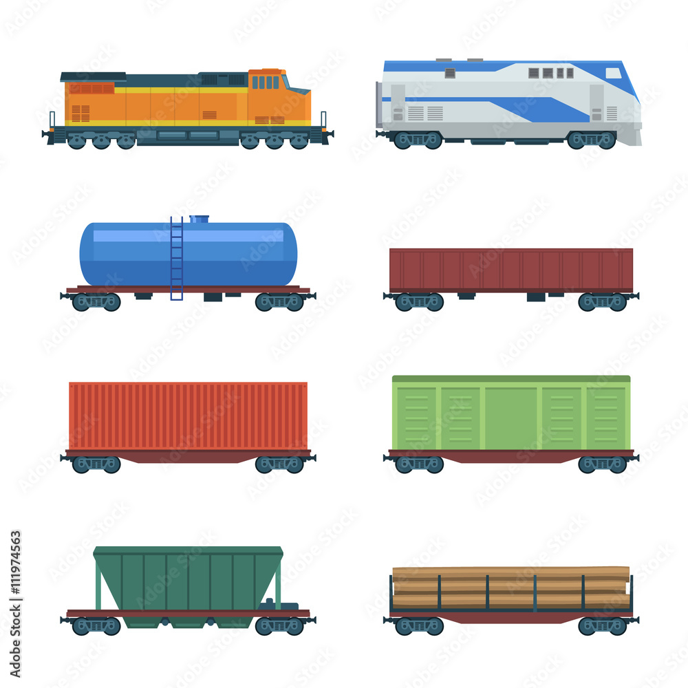 Set of railroad freight cars. Collection of rail freight wagons ...