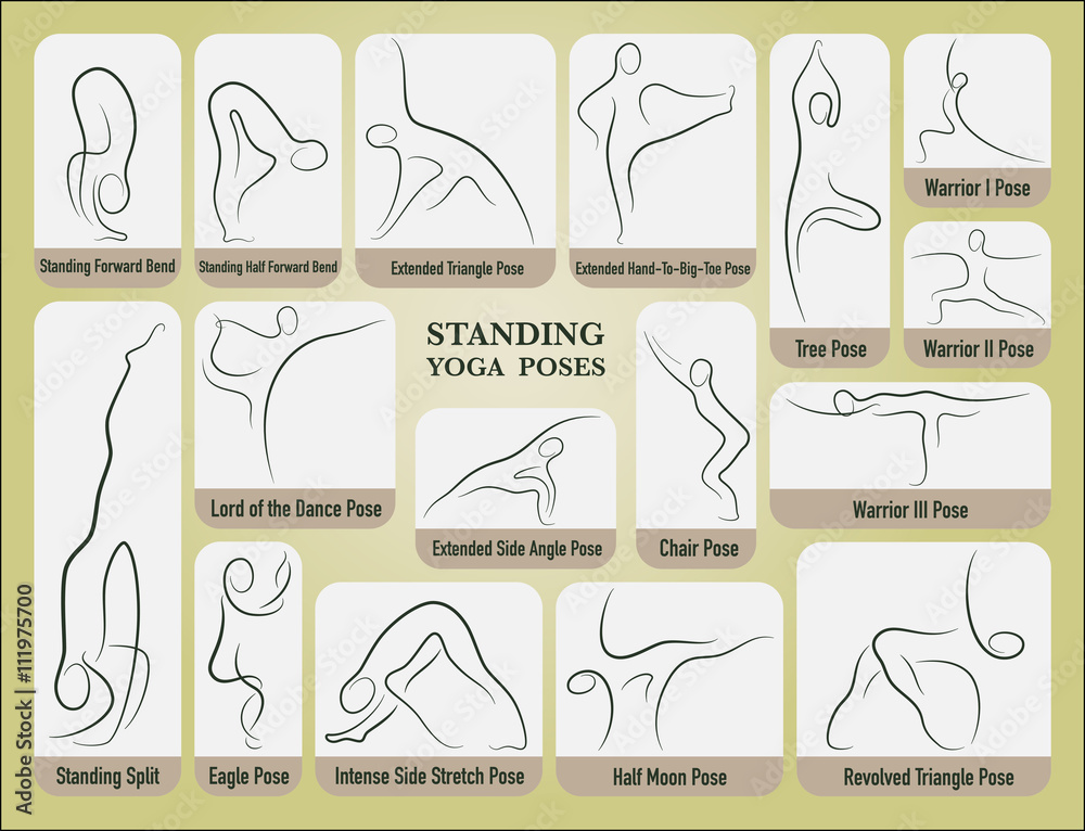 Yoga stand poses set in gesture drawing line with posture name. Stock ...