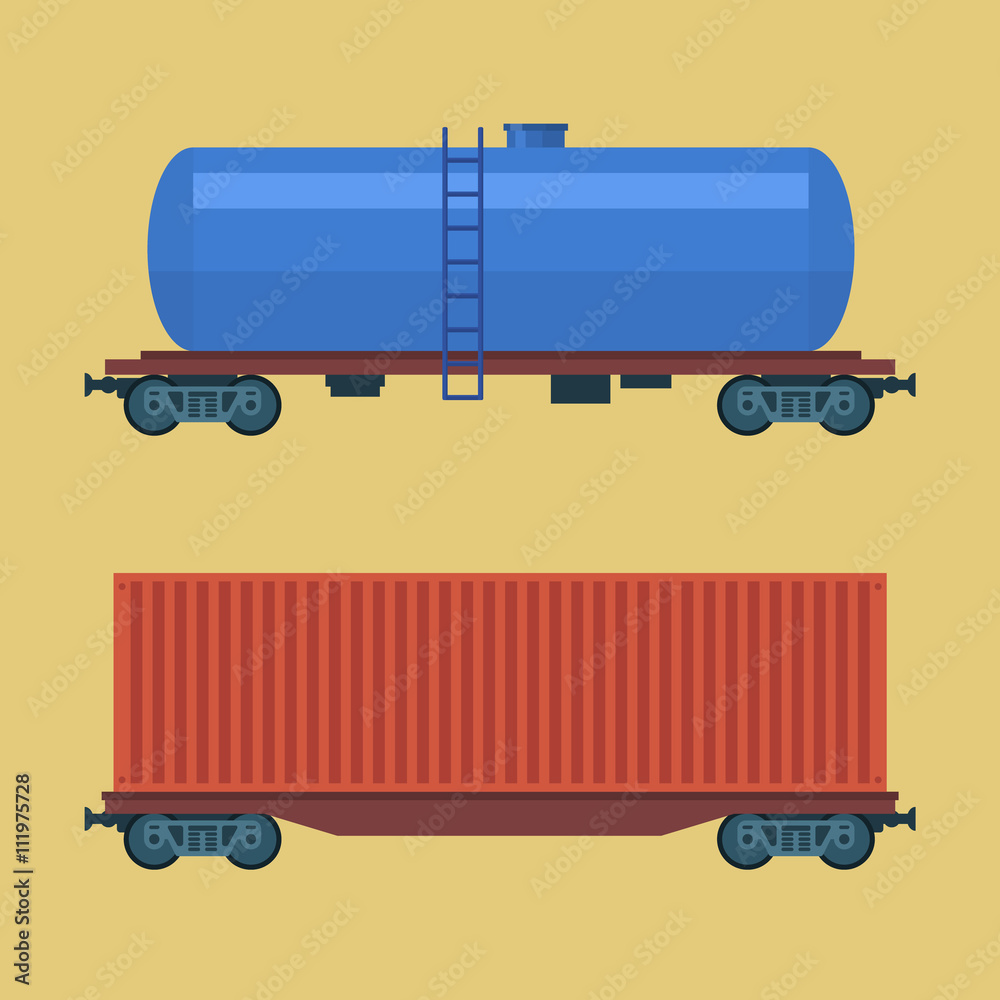 Boxcar. Freight railroad car. Container, tank railway carriage. Simple, flat style. Graphic ...