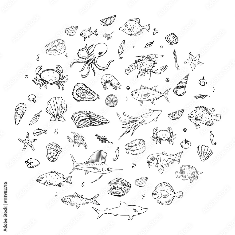 Hand drawn doodle Seafood icons set Vector illustration seafood symbols ...