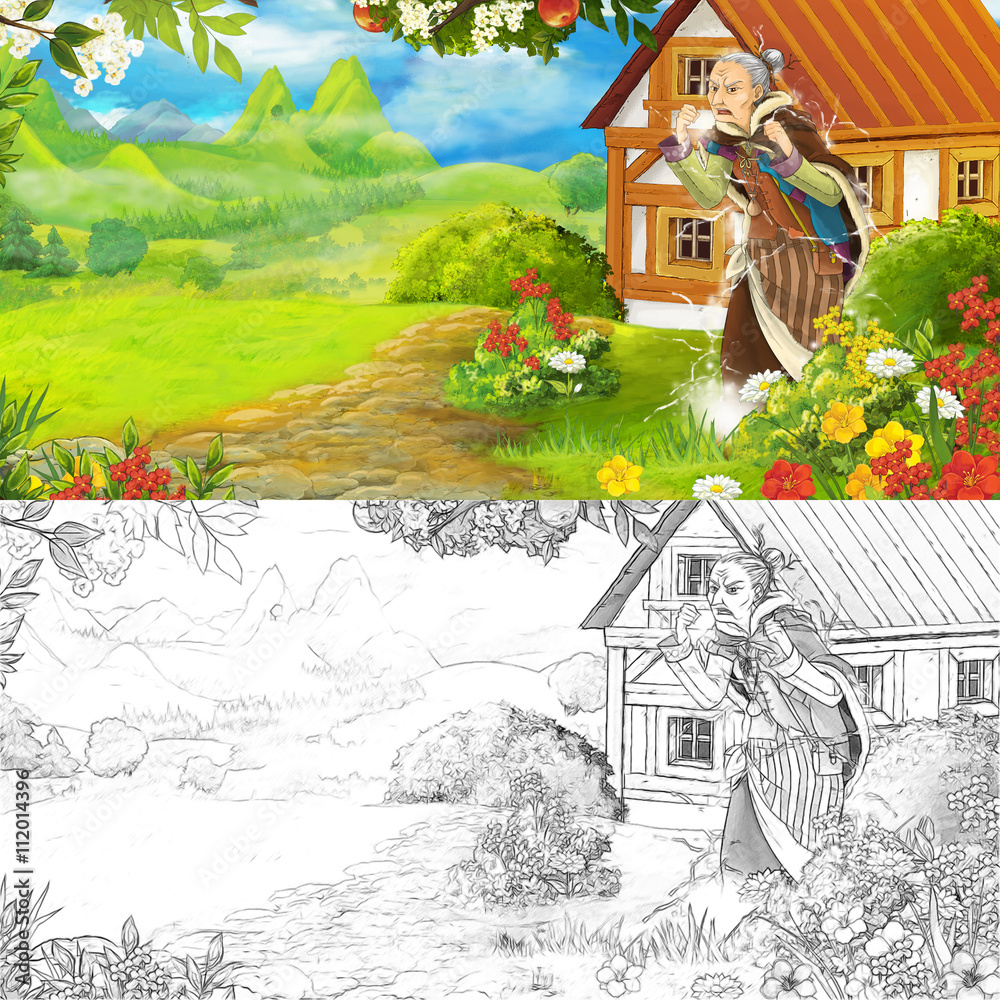Cartoon farm scene - scary witch - with coloring page - illustration ...