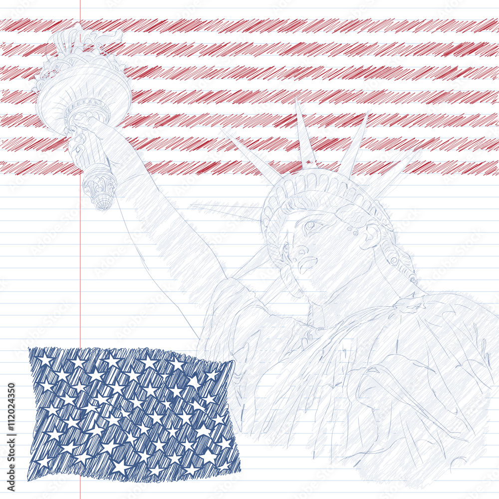 Statue of Liberty with american flag in the front and firework. Design ...