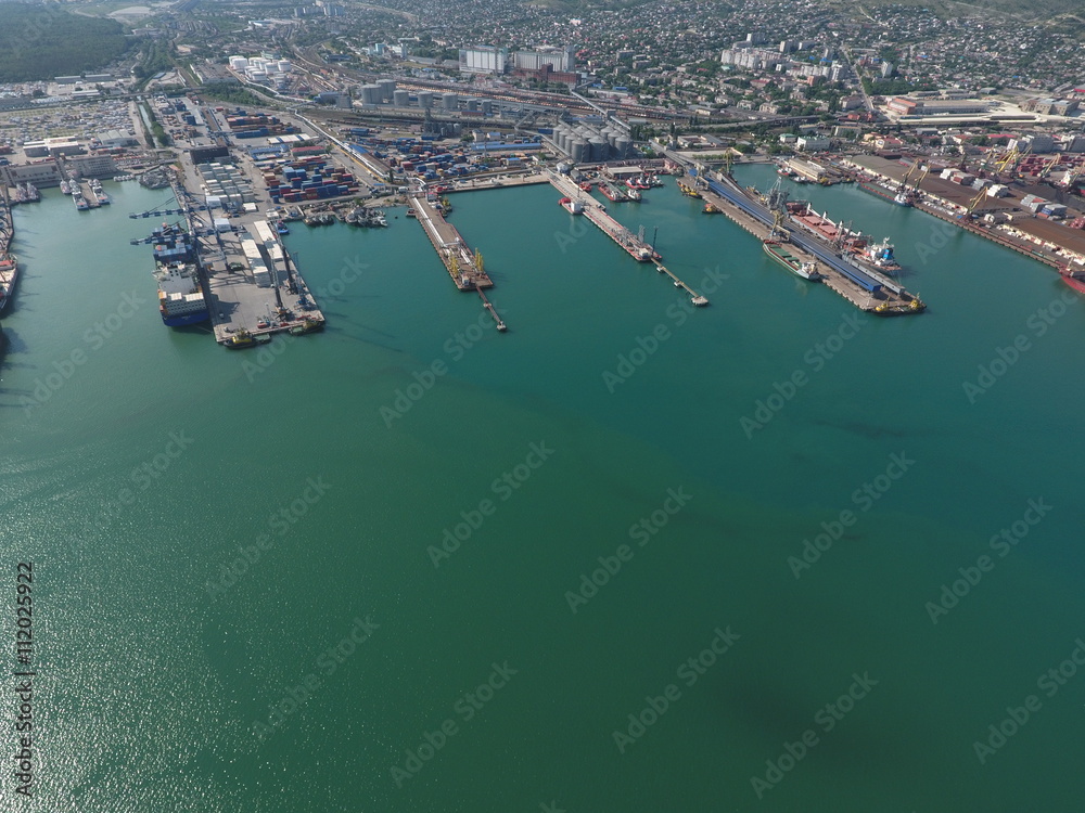 Industrial seaport, top view. Port cranes and cargo ships and barges ...