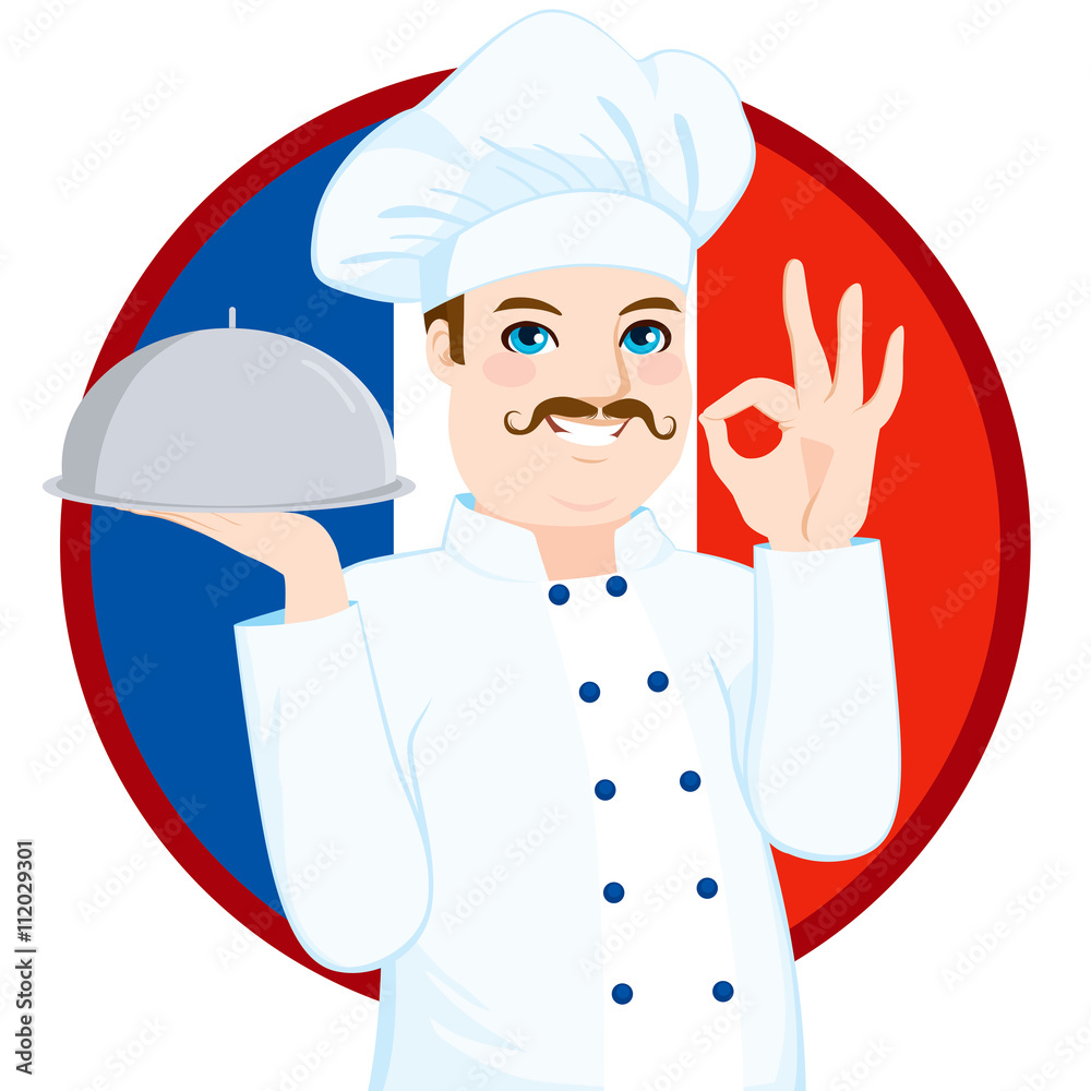French cuisine chef with funny big mustache holding silver tray ...