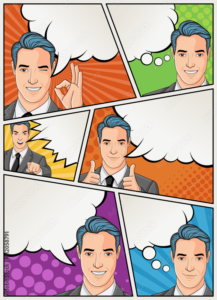 Comic book page with retro man talking. Comic strip background with ...
