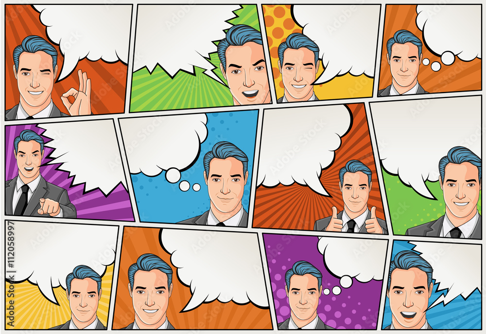 Comic book page with retro man talking. Comic strip background with ...