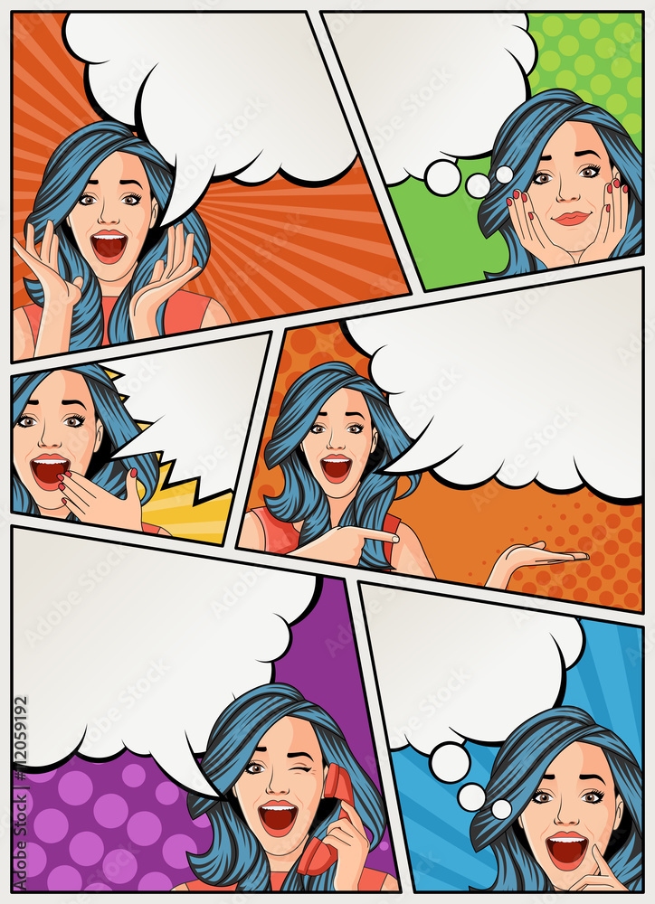 Comic book page with retro woman talking. Comic strip background with ...