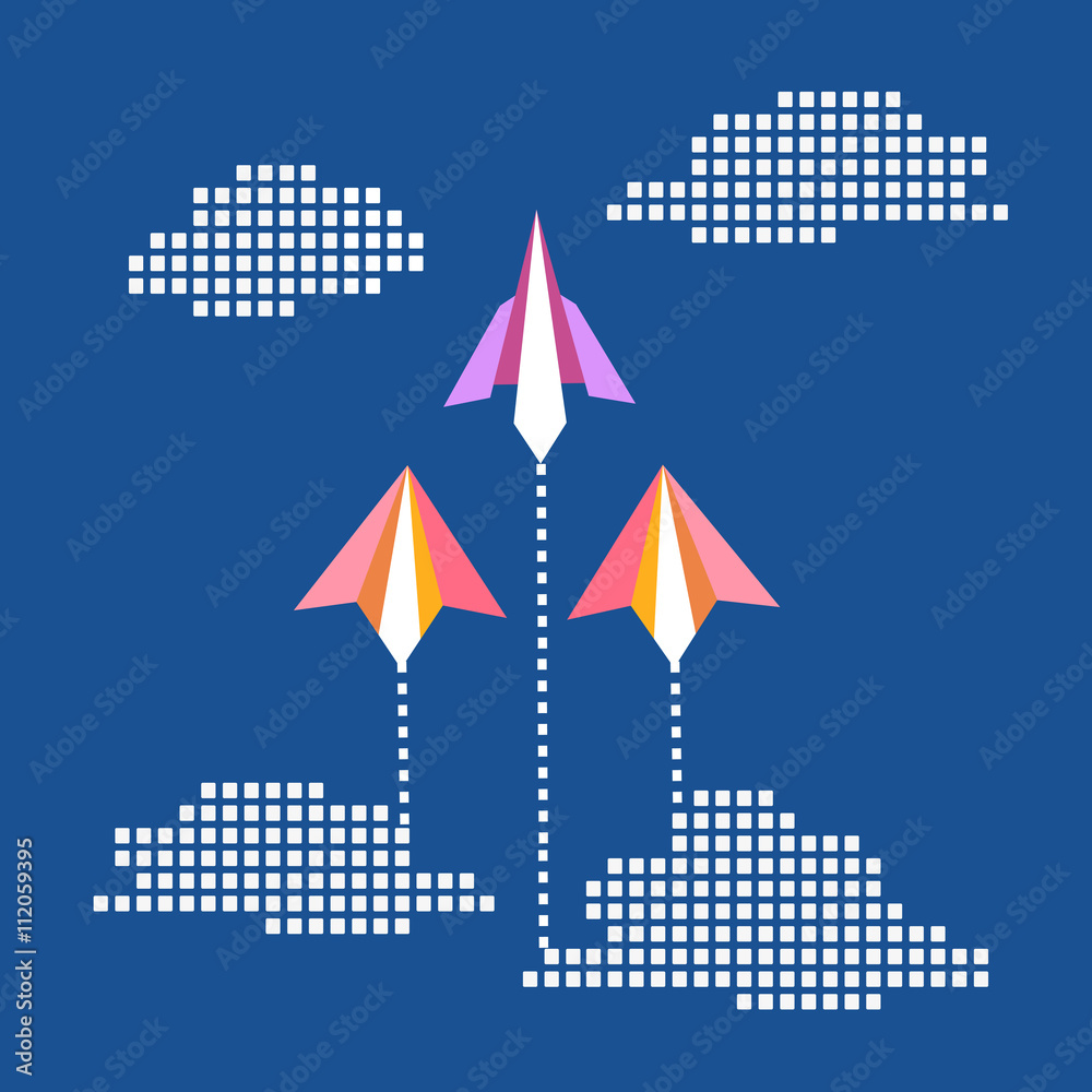 Paper planes flying in blue sky with clouds. Start up poster concept ...