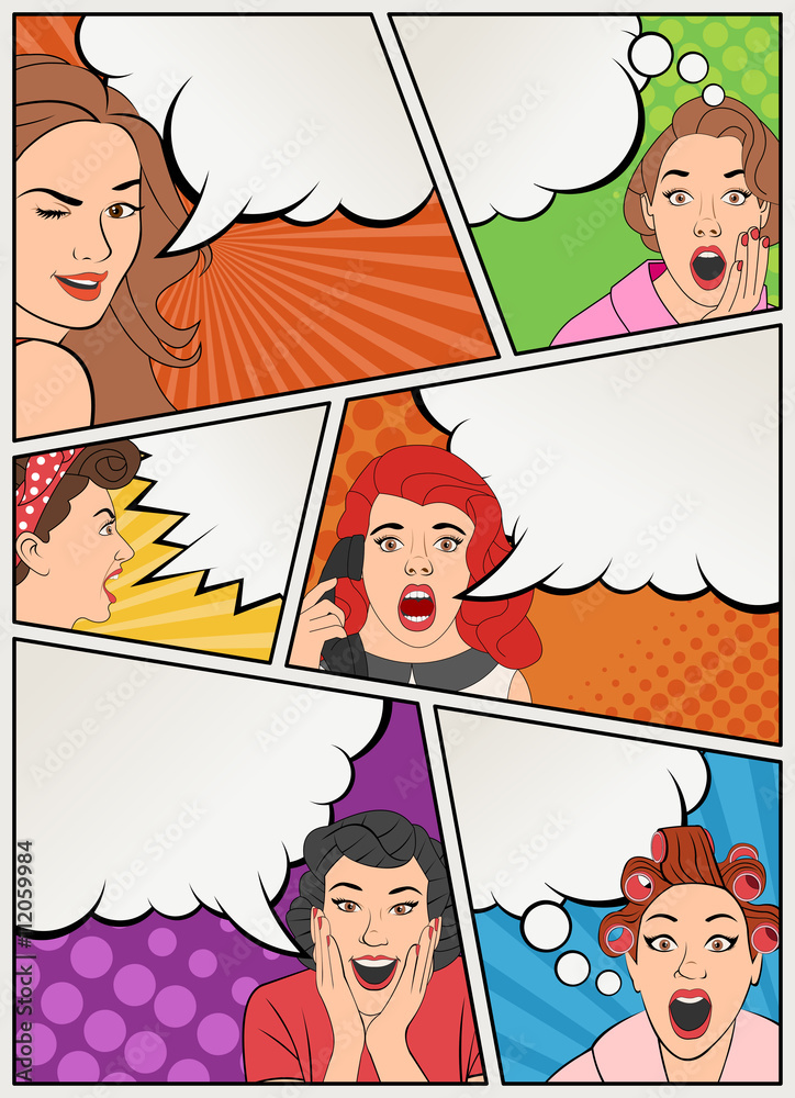 Comic book page with retro women talking. Comic strip background with ...