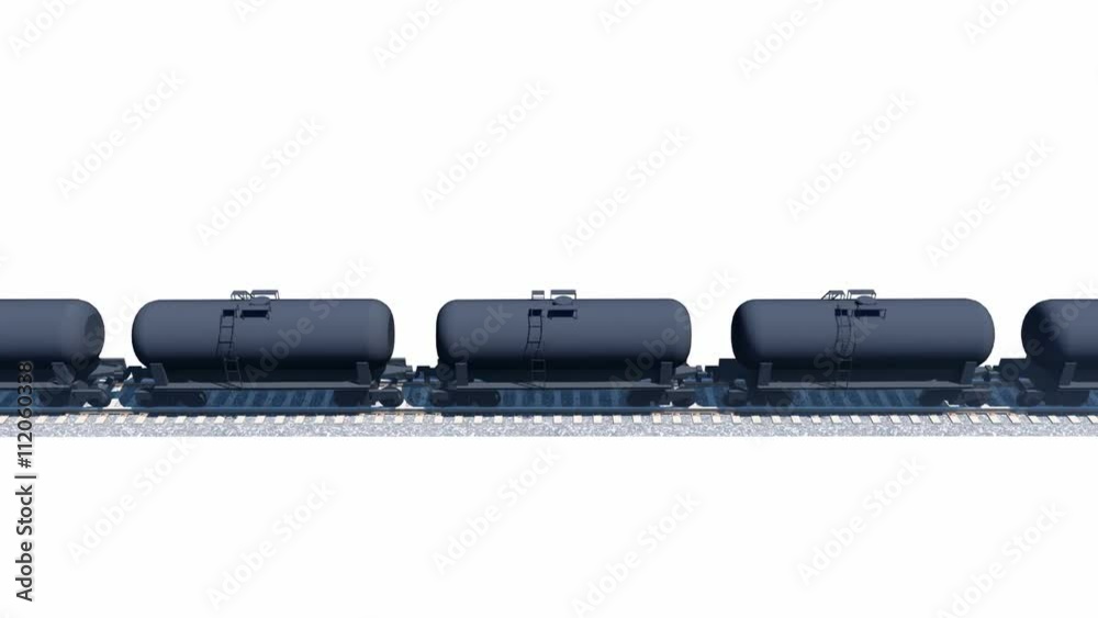 Freight train with petroleum tank wagons moving on the railroad on ...