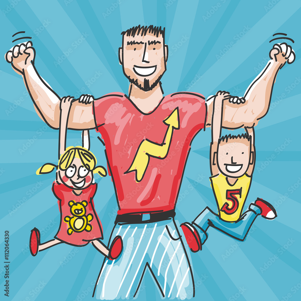 Cartoon of strong dad with children on his arms Stock Vector | Adobe Stock