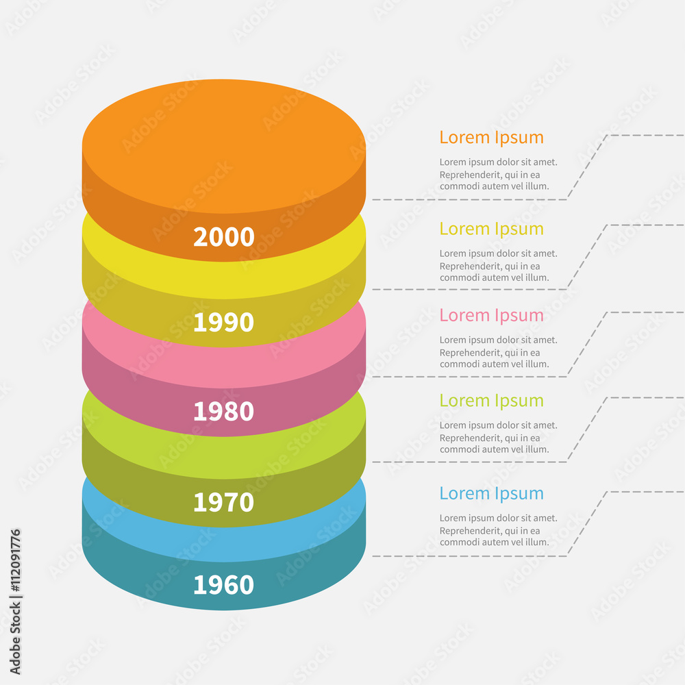 Timeline vertical round colorful segment stack. Infographic with dash ...
