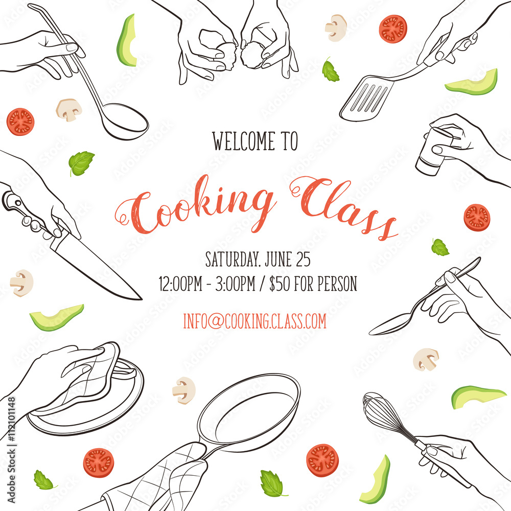 Cooking class flayer template. Cooking hands outlines isolated on white ...