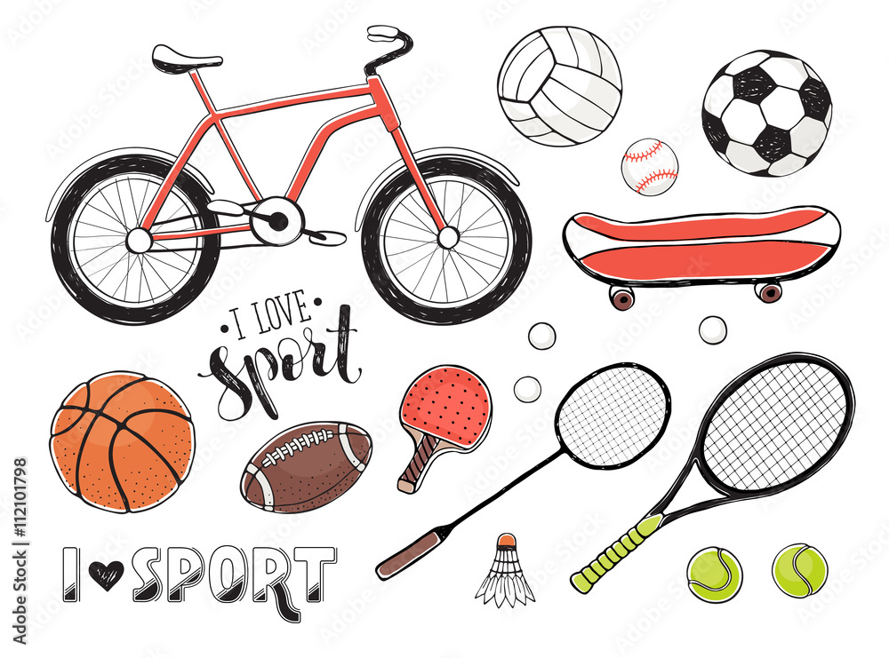 Collection of vector sport equipment. Illustration of handdrawn sport ...