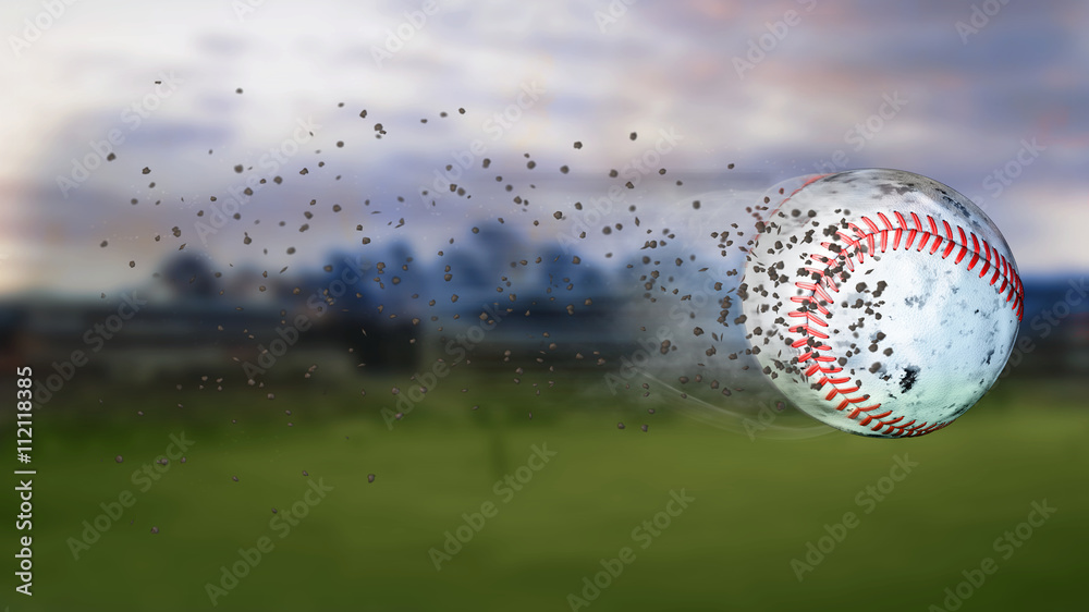 3d illustration of flying baseball leaving a trail of dust and smoke ...