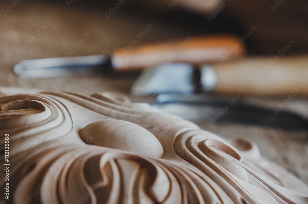 Timber, wood processing. Joinery work. wood carving with work tools ...