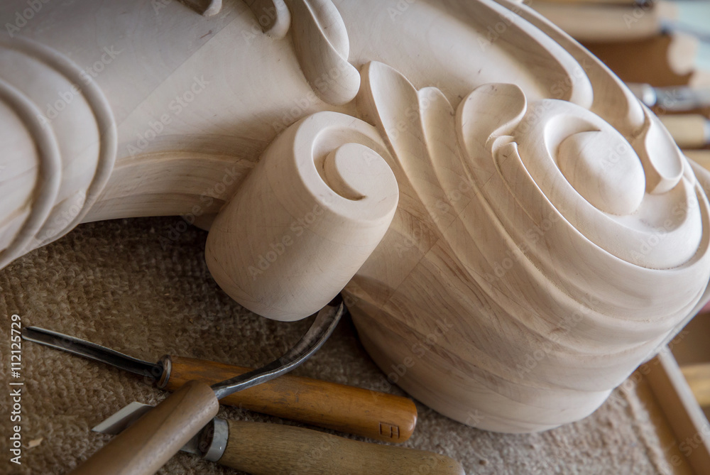 Timber, wood processing. Joinery work. wood carving with work tools ...