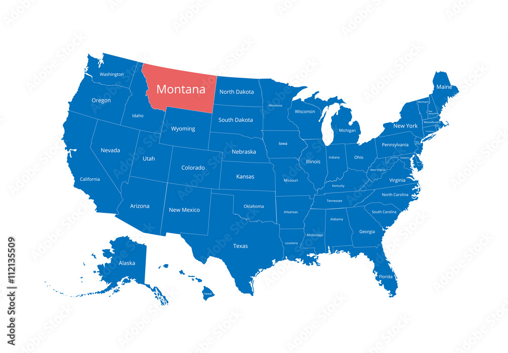 Map of the USA. Image with clipping path and name of states. State mark ...