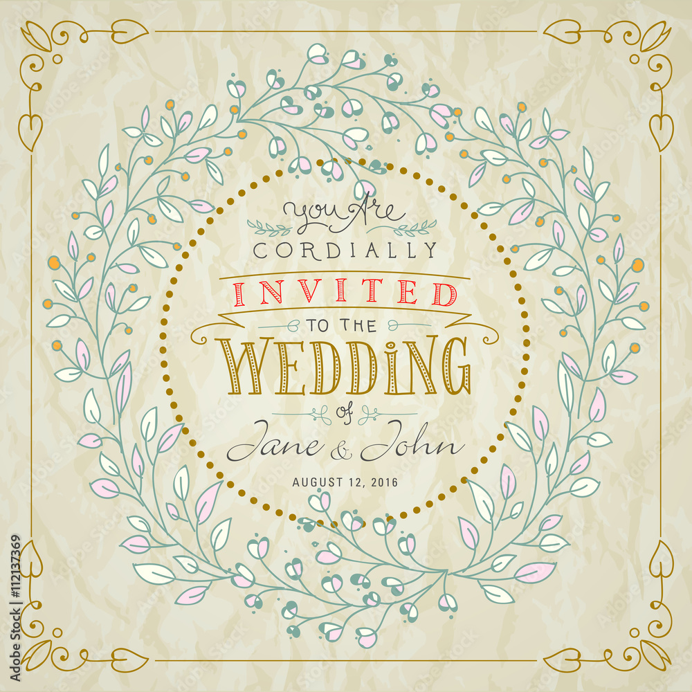 Wedding Invitation. Hand Lettered Text with Hand Drawn Frame and Floral ...