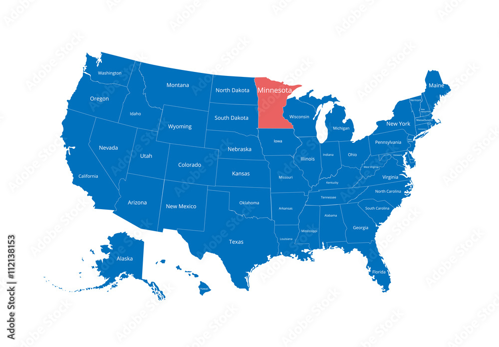 Map of the USA. Image with clipping path and name of states. State mark ...