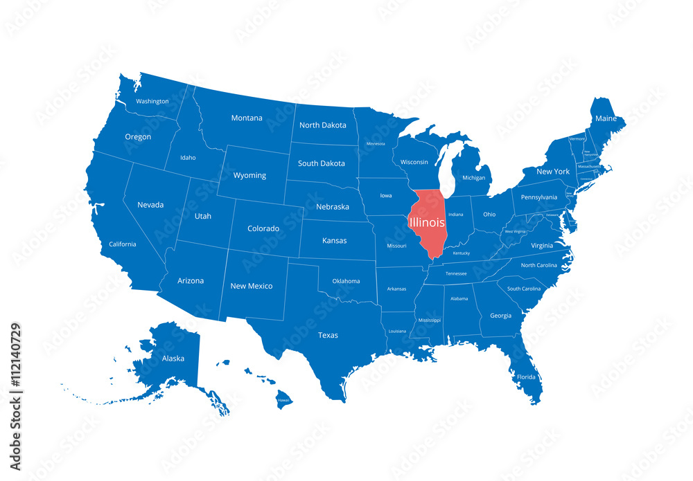 Map of the USA. Image with clipping path and name of states. State mark ...