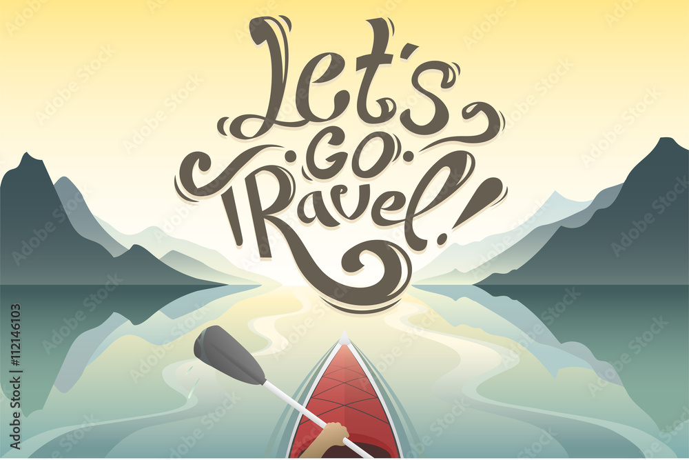 Kayak first-person on view. Beautiful cartoon landscape. mountains and ...