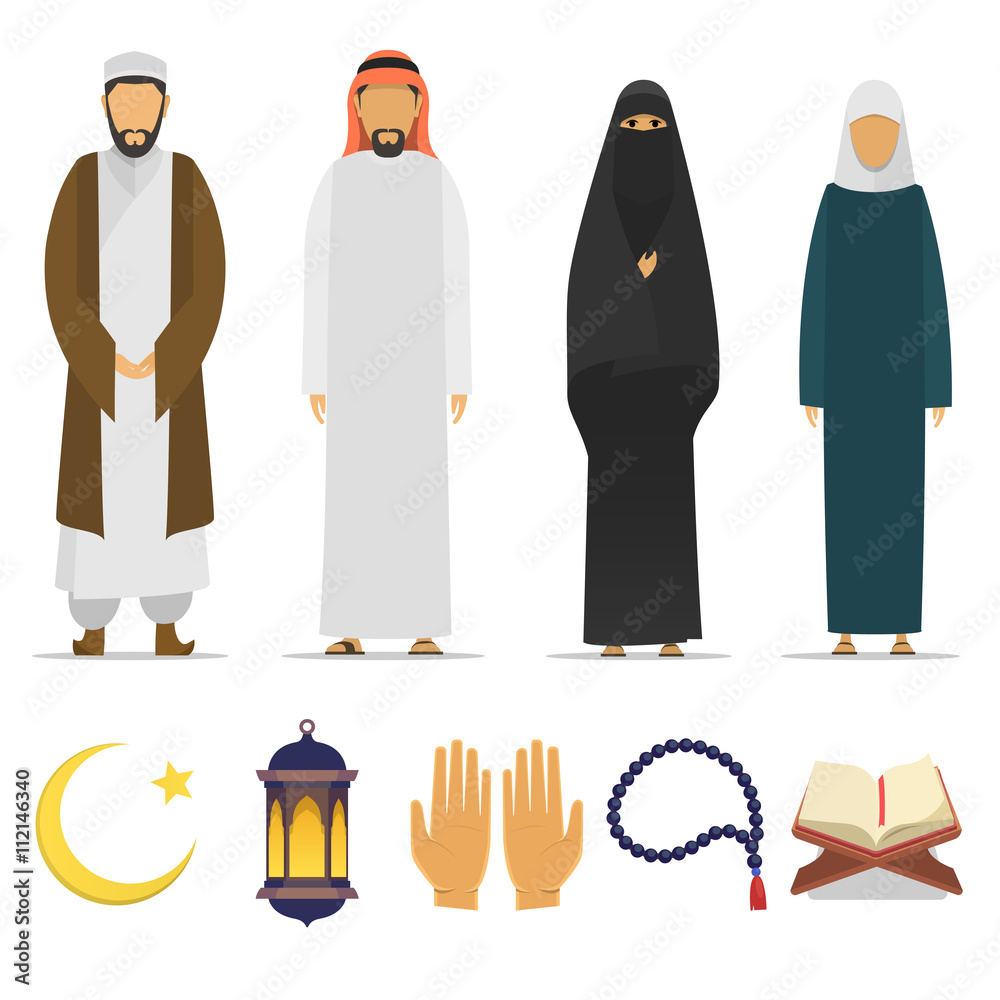 Set of Islamic religious people and ritual objects flat icon. Ramadan ...