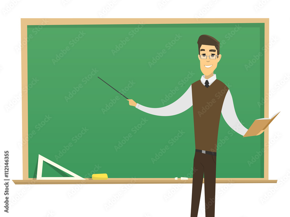cartoon male teacher with blackboard. mini concept. school man teacher ...