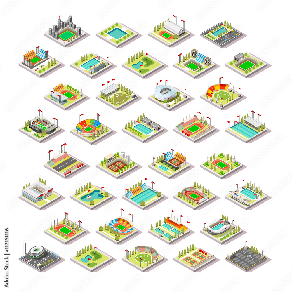 Sport Facility Building Set.Miniature 3D Isometric City Map Sport Park ...