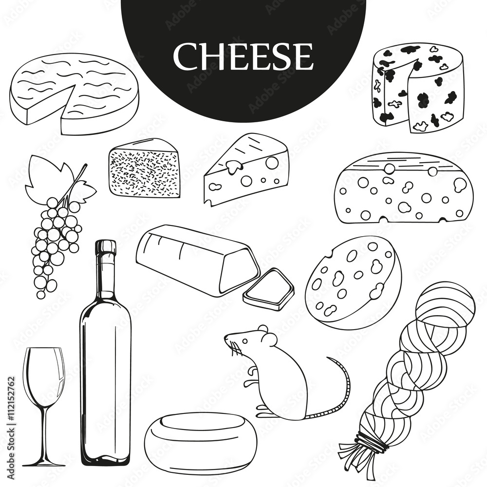 Cheese, mouse, hard, wine, grapes, cheese braid, Maasdam, Dutch. Vector ...