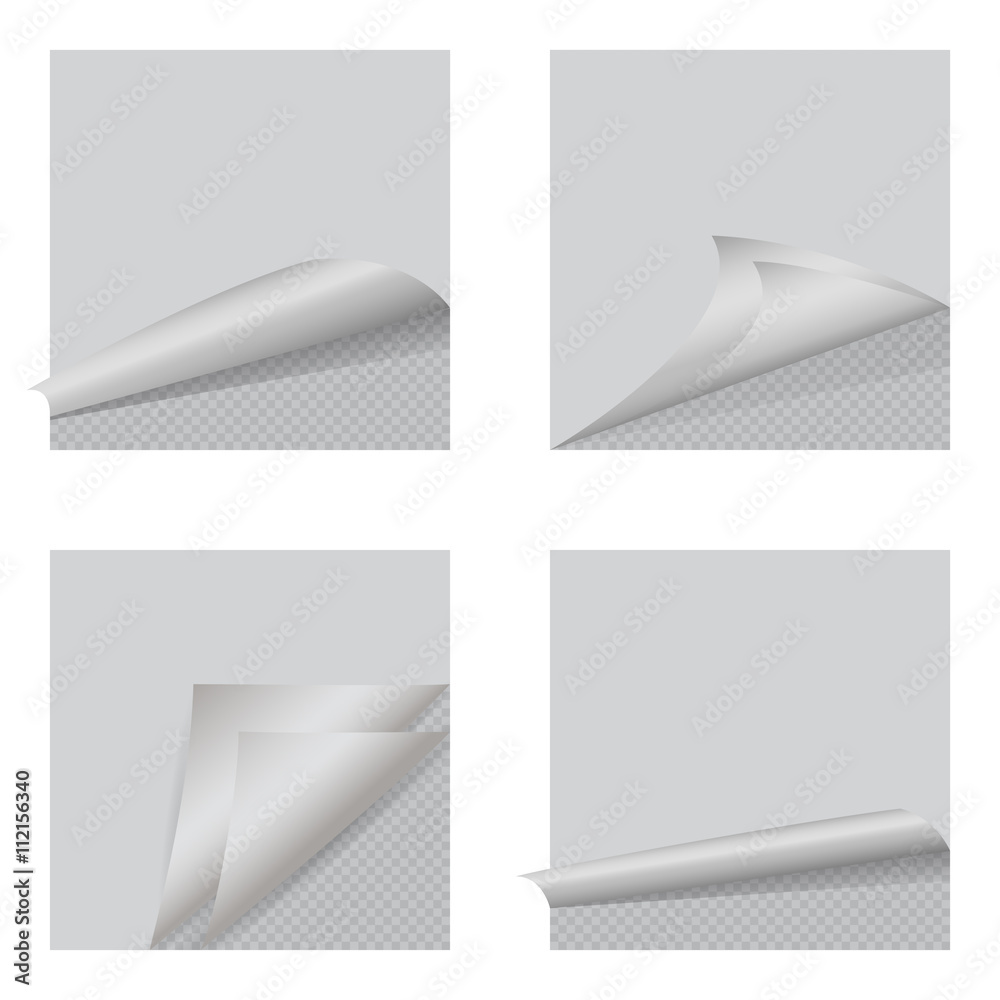 Set of Page curl with shadow on blank sheet of paper. White sticker ...