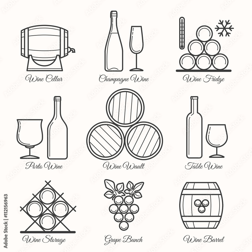 Wine line icons. Winemaking process and wine drinking thin line signs ...