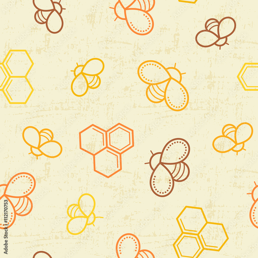 Seamless honey pattern with outlined honey bees and honey cells Stock ...