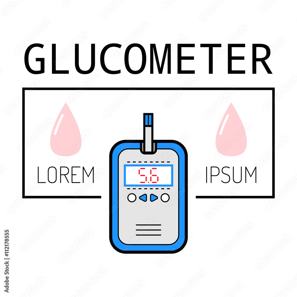 Glucometer, test strip. Label, flat icon, medical equipment. Diabetes ...
