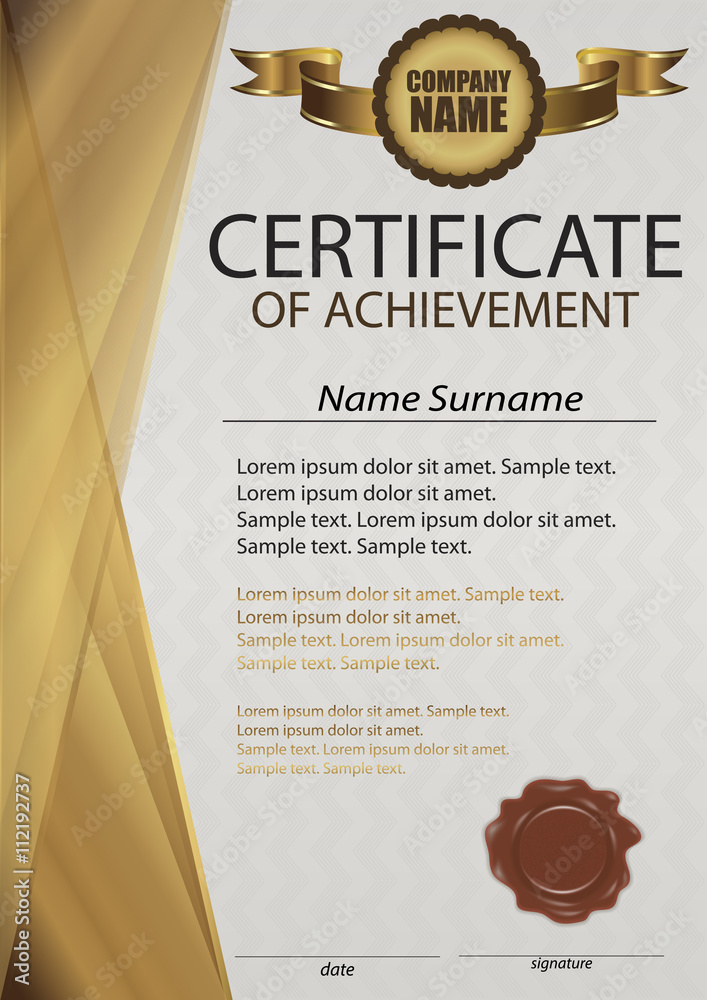 Golden certificate or diploma template with wax seal. Winning the ...