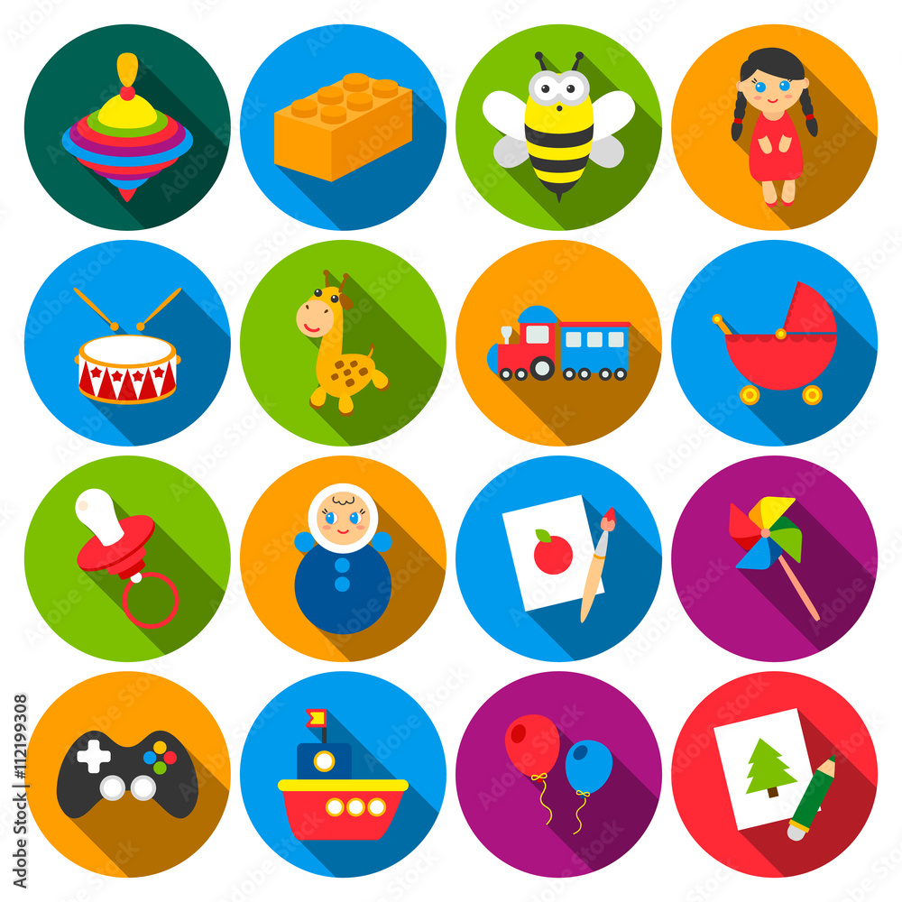 Toys 16 flat icons set for web Stock Vector | Adobe Stock