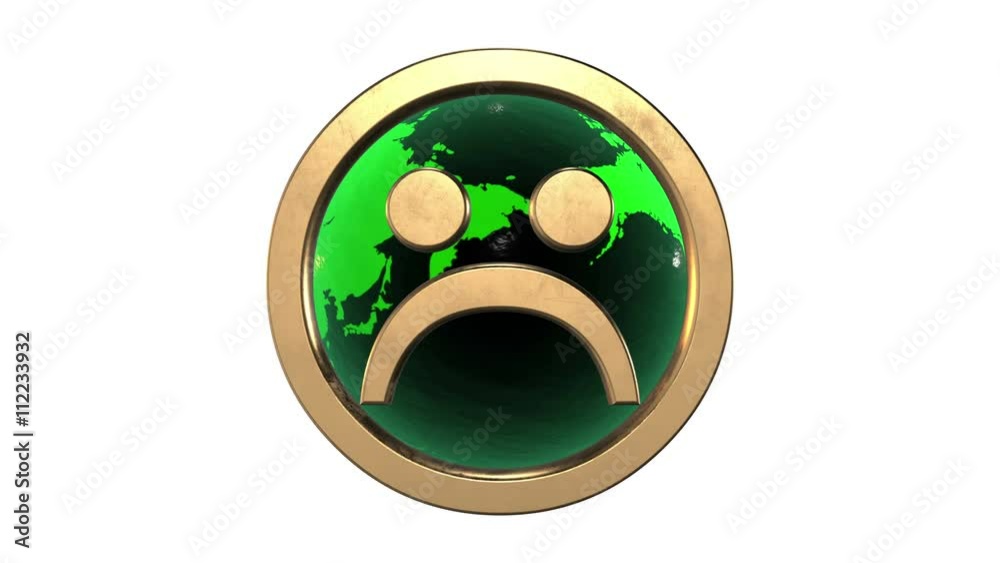 Looped animation: 3d golden sad smiley face emoticon against the ...