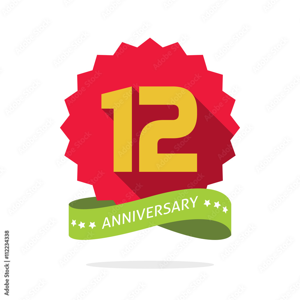 Anniversary badge with shadow on red starburst and yellow number 12 ...