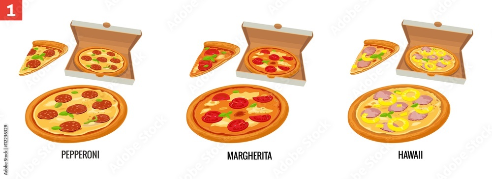 Whole pizza and slices of pizza in open white box. Pepperoni, Hawaiian ...