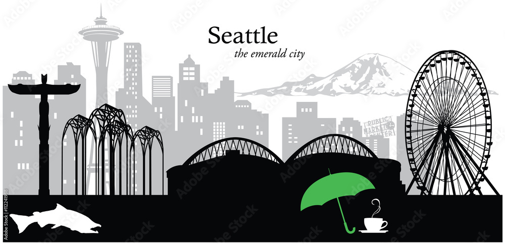 Vector illustration of the skyline cityscape of Seattle, Washington ...
