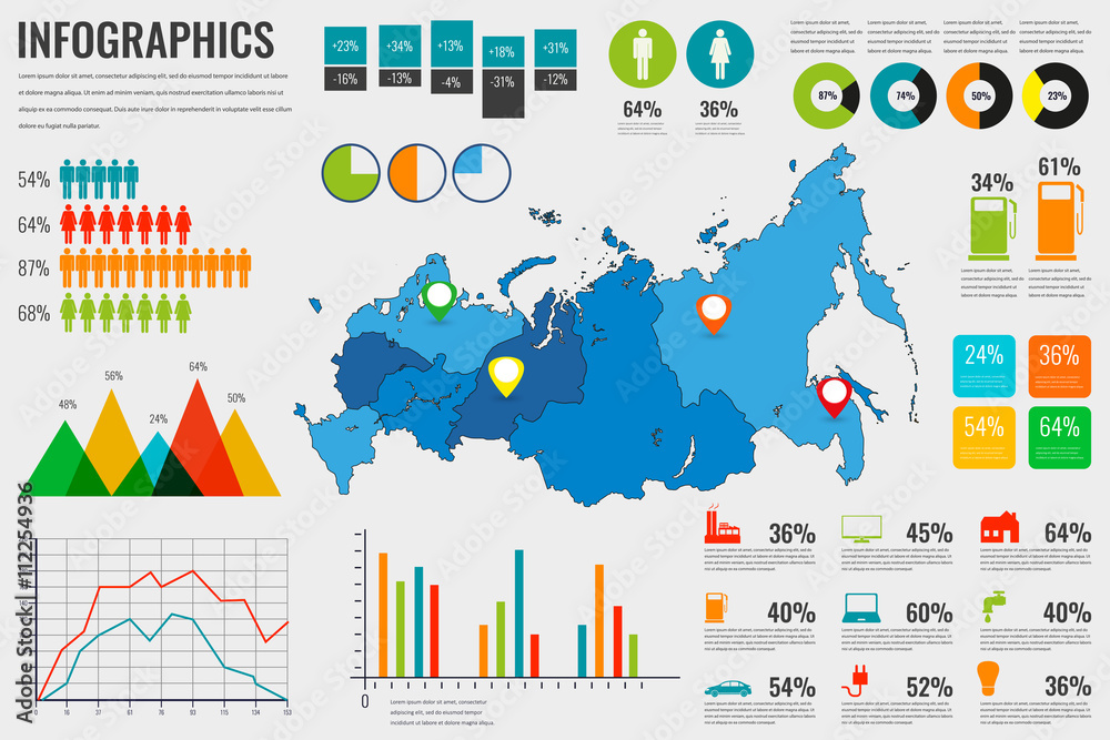 Russian Federation map with Infographics elements. Infographics layouts ...