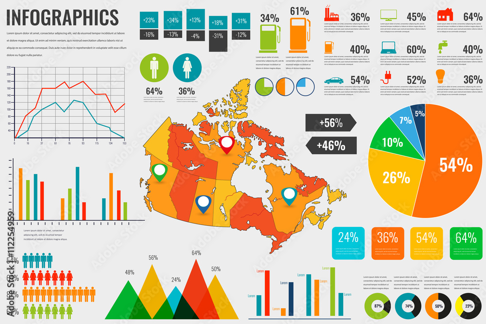 Canada map with Infographics elements. Infographics layouts. Vector ...