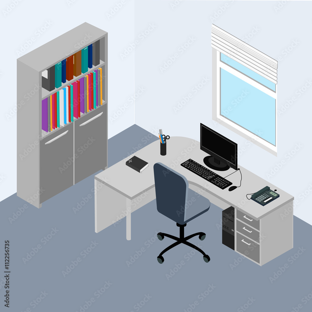 Vector illustration. The interior of the office. Workspace - computer ...