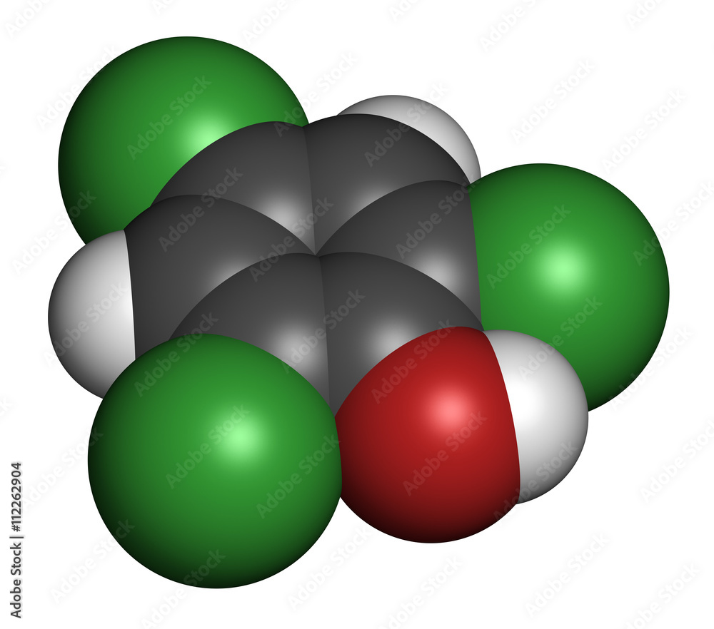 Trichlorophenol (TCP, 2,4,6-trichlorophenol) molecule. ilustración de ...