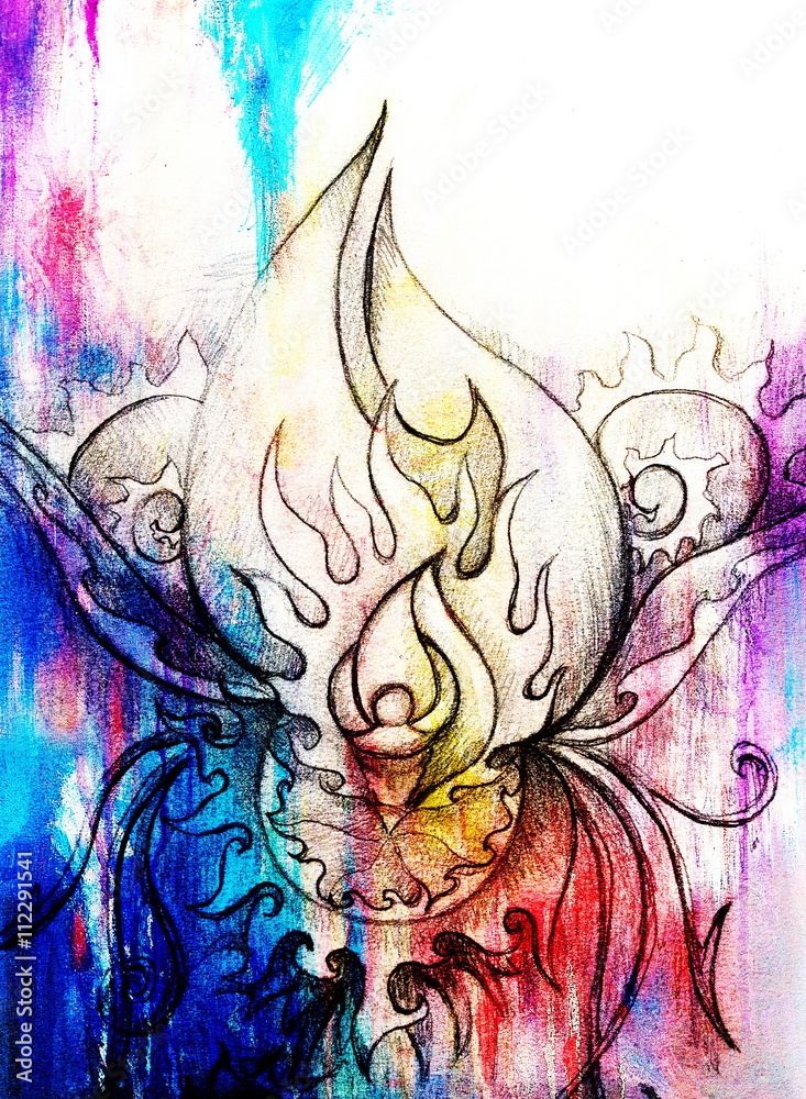 Color drawing of ornamental flower structure. Original hand drawn and ...