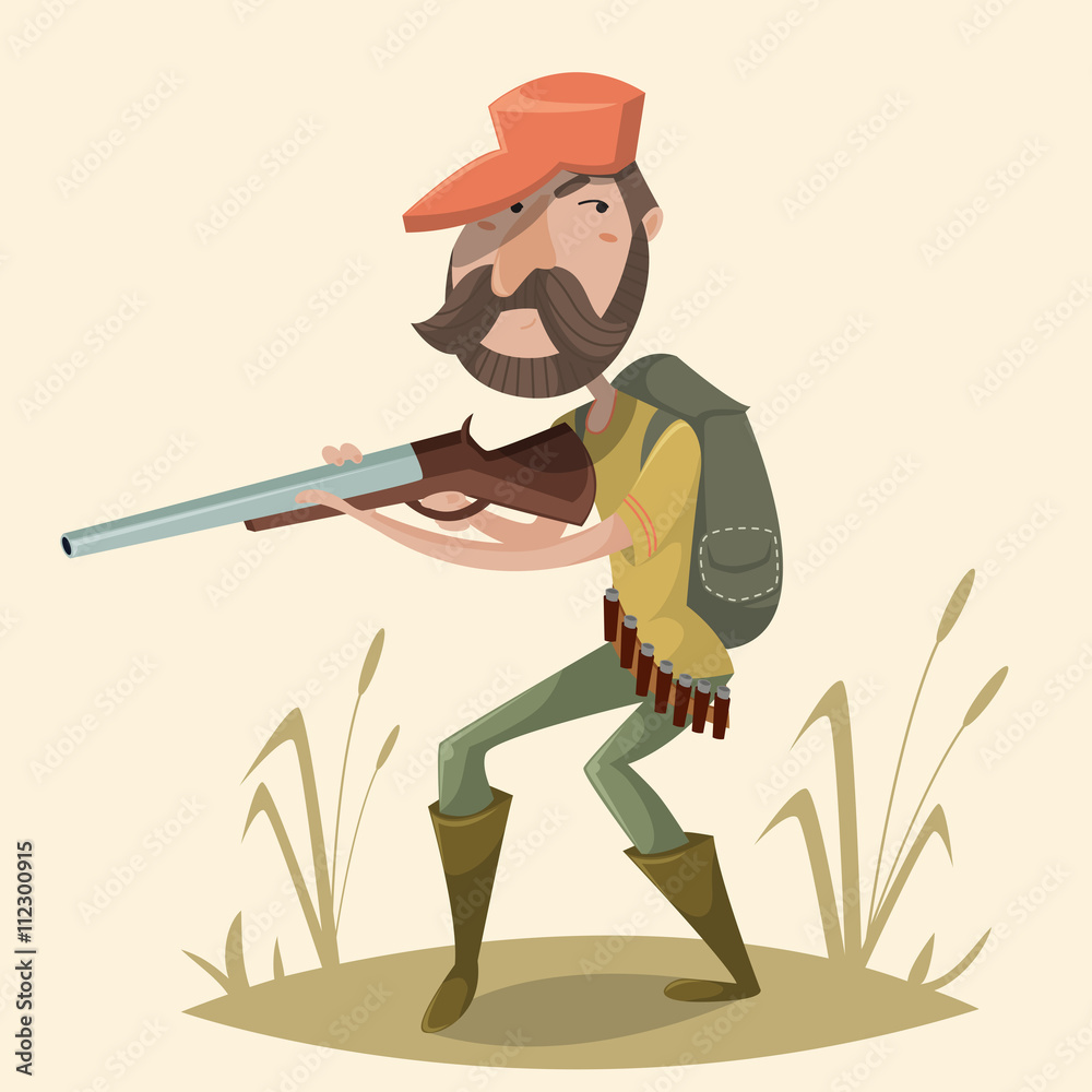 Hunter with gun and backpack. Funny cartoon character. Vector ...