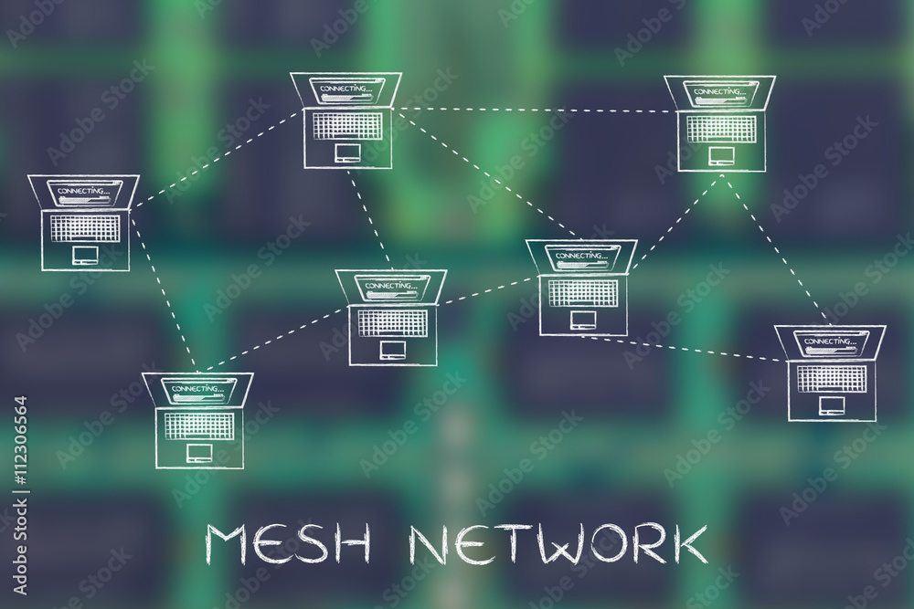 laptops connected in a mesh network structure with caption Stock ...