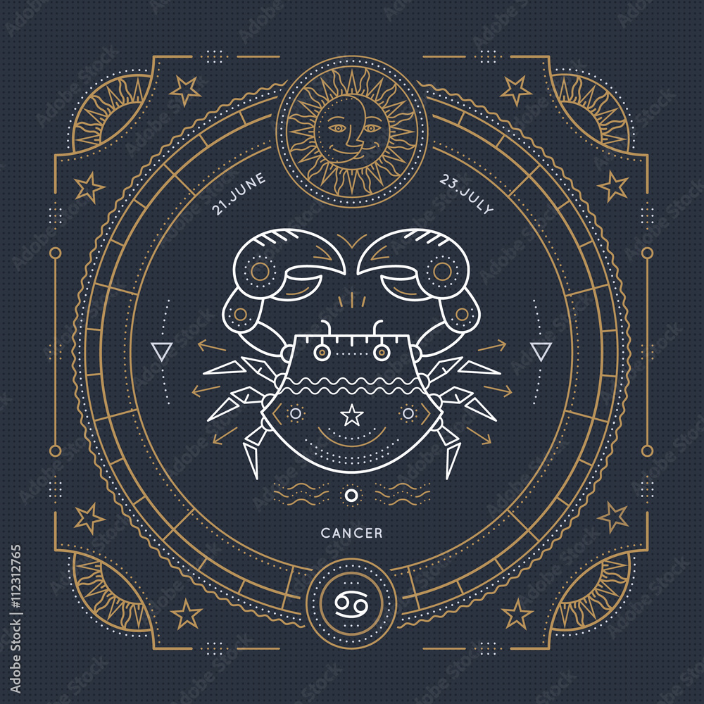 Vintage thin line Cancer zodiac sign label. Retro vector astrological ...